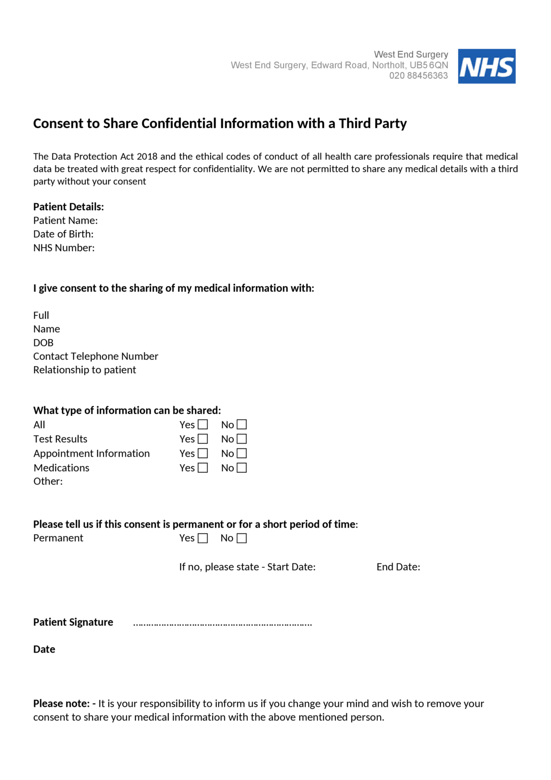 Consent to Share Confidential Information with a Third Party – West End ...