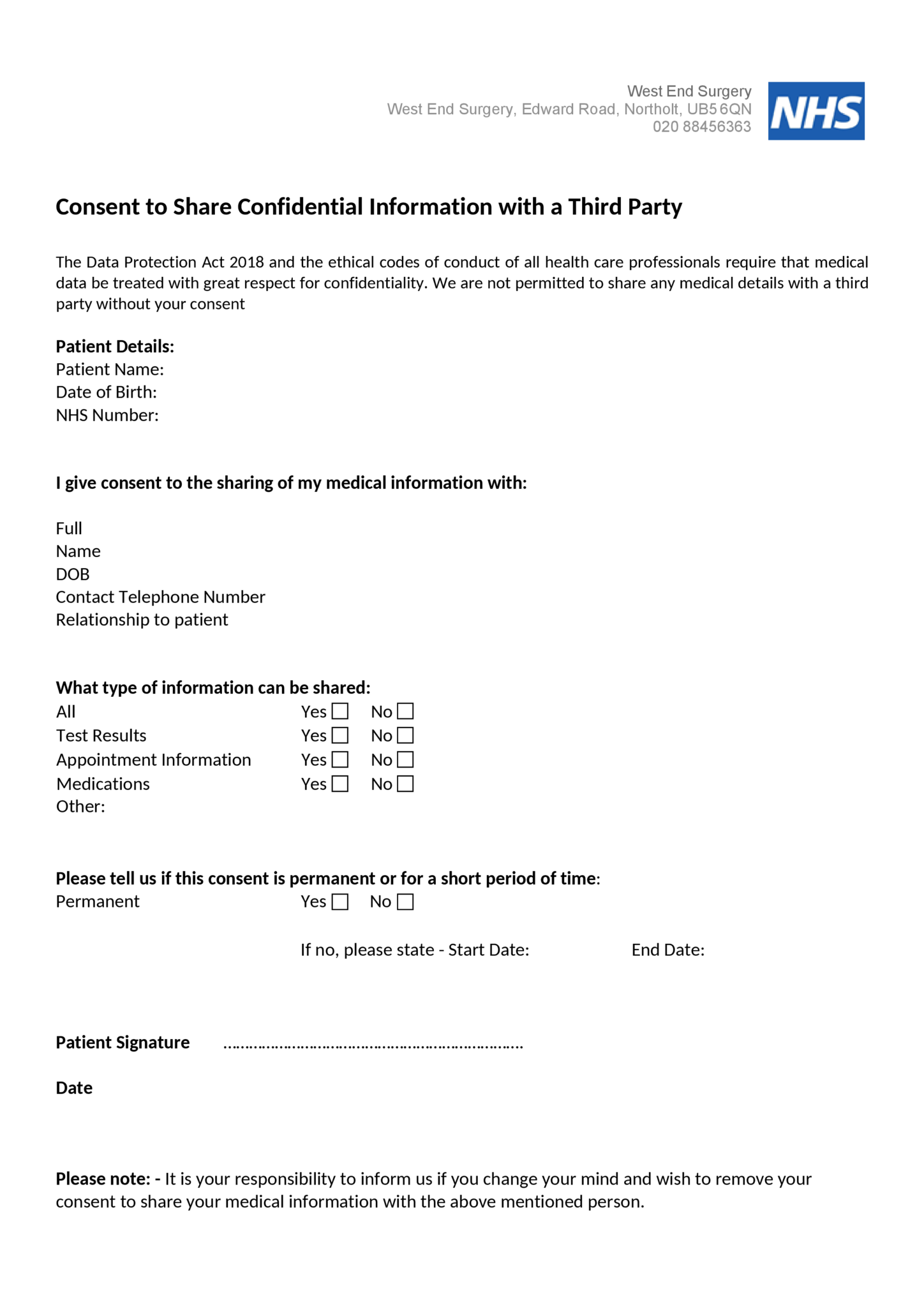 Consent to Share Confidential Information with a Third Party – West End ...